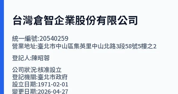 台灣倉智企業股份有限公司的照片-統編 20540259(臺北市) 公司登記資料與營業項目詳細圖表