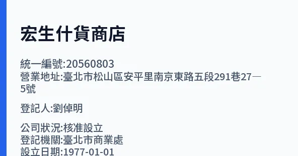 宏生什貨商店的照片-統編 20560803(臺北市) 公司登記資料與營業項目詳細圖表