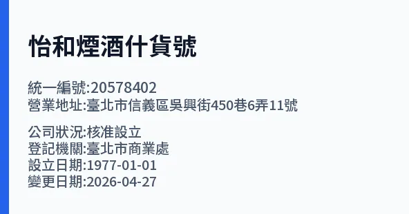 怡和煙酒什貨號的照片-統編 20578402(臺北市) 公司登記資料與營業項目詳細圖表