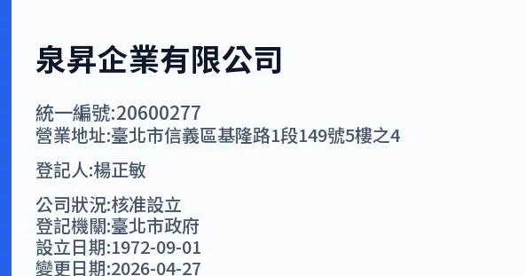 泉昇企業有限公司的照片-統編 20600277(臺北市) 公司登記資料與營業項目詳細圖表
