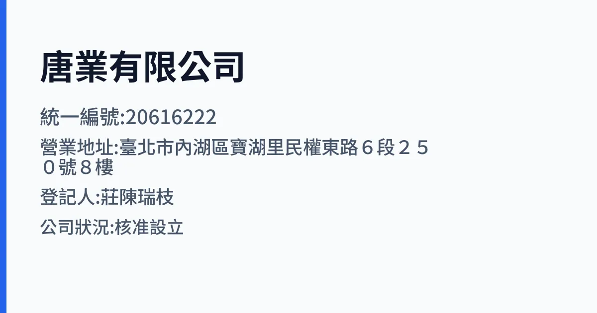 唐業有限公司 - 統編 20616222(臺北市) 公司登記資料與營業項目詳細圖表