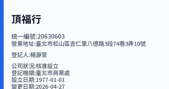 頂福行的照片-統編 20630603(臺北市) 公司登記資料與營業項目詳細圖表