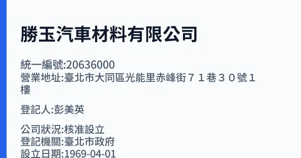 勝玉汽車材料有限公司的照片-統編 20636000(臺北市) 公司登記資料與營業項目詳細圖表