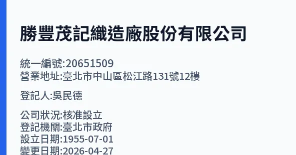 勝豐茂記織造廠股份有限公司的照片-統編 20651509(臺北市) 公司登記資料與營業項目詳細圖表