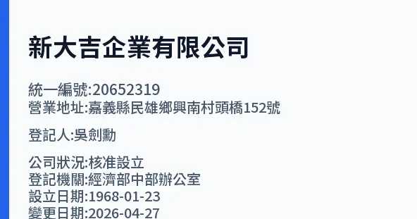 新大吉企業有限公司的照片-統編 20652319(嘉義縣) 公司登記資料與營業項目詳細圖表