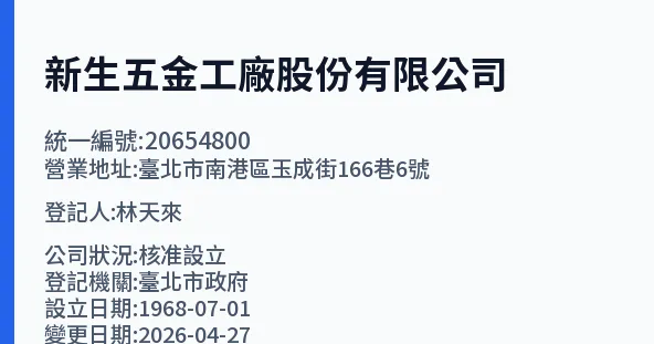 新生五金工廠股份有限公司的照片-統編 20654800(臺北市) 公司登記資料與營業項目詳細圖表