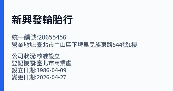 新興發輪胎行的照片-統編 20655456(臺北市) 公司登記資料與營業項目詳細圖表