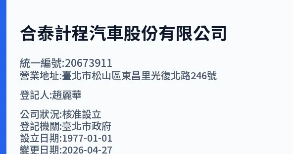 合泰計程汽車股份有限公司的照片-統編 20673911(臺北市) 公司登記資料與營業項目詳細圖表