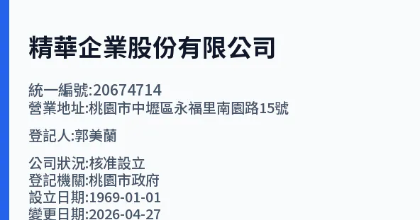 精華企業股份有限公司的照片-統編 20674714(桃園市) 公司登記資料與營業項目詳細圖表