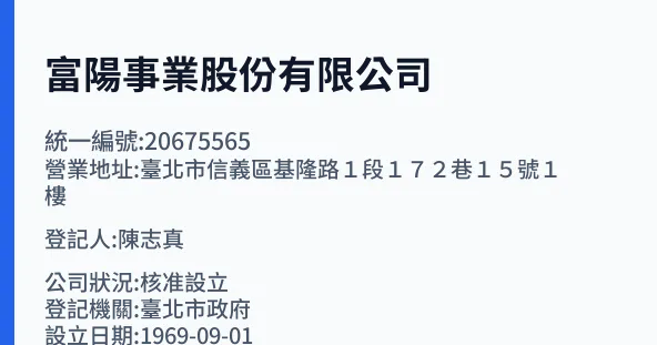 富陽事業股份有限公司的照片-統編 20675565(臺北市) 公司登記資料與營業項目詳細圖表