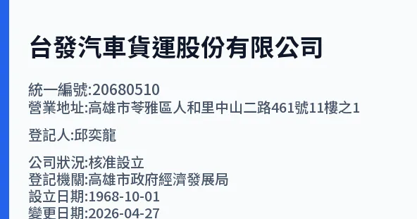 台發汽車貨運股份有限公司的照片-統編 20680510(高雄市) 公司登記資料與營業項目詳細圖表