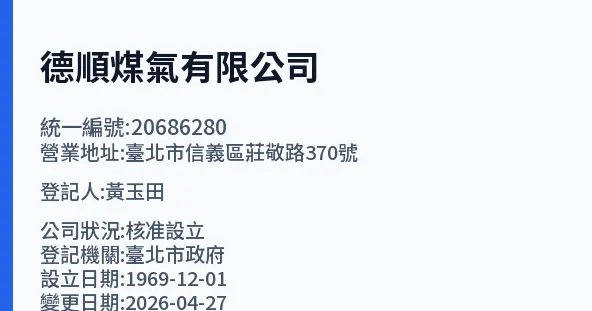 德順煤氣有限公司的照片-統編 20686280(臺北市) 公司登記資料與營業項目詳細圖表