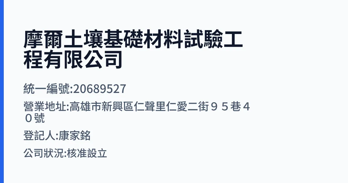 摩爾土壤基礎材料試驗工程有限公司 - 統編 20689527(高雄市) 公司登記資料與營業項目詳細圖表