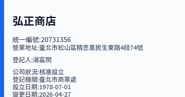 弘正商店的照片-統編 20731356(臺北市) 公司登記資料與營業項目詳細圖表