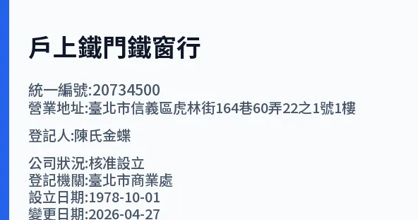 戶上鐵門鐵窗行的照片-統編 20734500(臺北市) 公司登記資料與營業項目詳細圖表