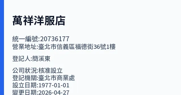 萬祥洋服店的照片-統編 20736177(臺北市) 公司登記資料與營業項目詳細圖表