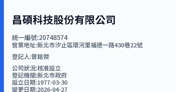 昌碩科技股份有限公司的照片-統編 20748574(新北市) 公司登記資料與營業項目詳細圖表
