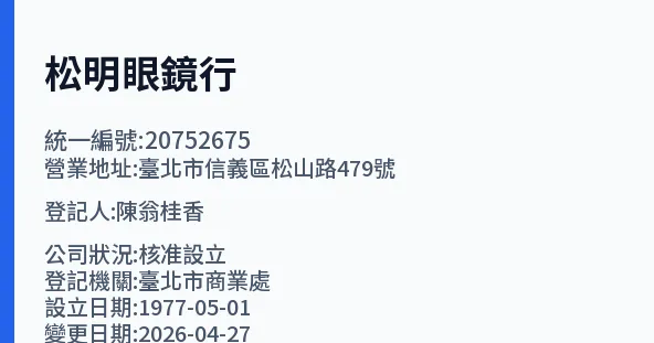 松明眼鏡行的照片-統編 20752675(臺北市) 公司登記資料與營業項目詳細圖表