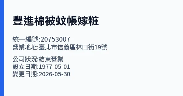 豐進棉被蚊帳嫁粧的照片-統編 20753007(臺北市) 公司登記資料與營業項目詳細圖表