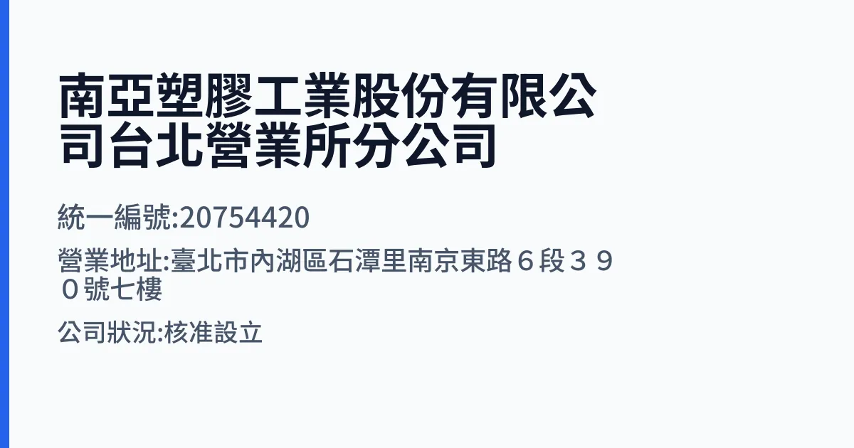 南亞塑膠工業股份有限公司台北營業所分公司 - 統編 20754420(臺北市) 公司登記資料與營業項目詳細圖表