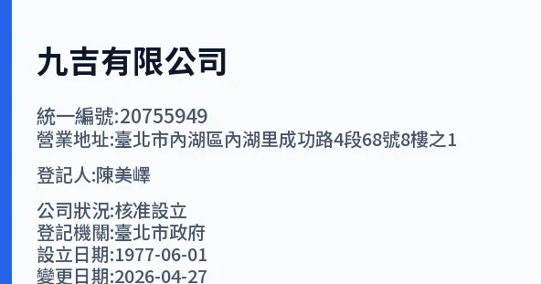 九吉有限公司的照片-統編 20755949(臺北市) 公司登記資料與營業項目詳細圖表