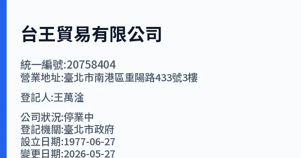 台王貿易有限公司的照片-統編 20758404(臺北市) 公司登記資料與營業項目詳細圖表