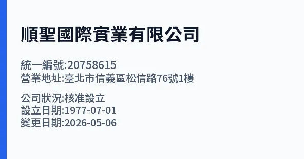 順聖國際實業有限公司的照片-統編 20758615(臺北市) 公司登記資料與營業項目詳細圖表