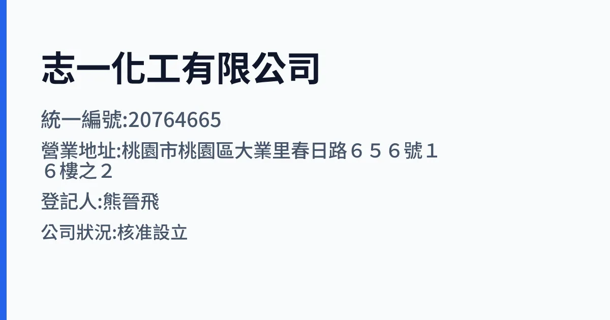 志一化工有限公司 - 統編 20764665(桃園市) 公司登記資料與營業項目詳細圖表