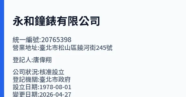 永和鐘錶有限公司的照片-統編 20765398(臺北市) 公司登記資料與營業項目詳細圖表