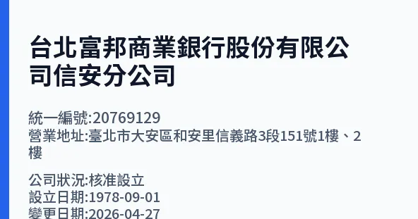 台北富邦商業銀行股份有限公司信安分公司的照片-統編 20769129(臺北市) 公司登記資料與營業項目詳細圖表