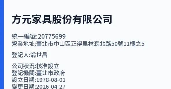 方元家具股份有限公司的照片-統編 20775699(臺北市) 公司登記資料與營業項目詳細圖表