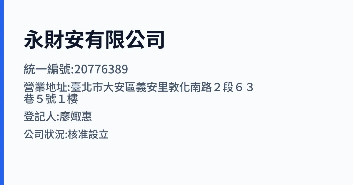 永財安有限公司 - 統編 20776389(臺北市) 公司登記資料與營業項目詳細圖表
