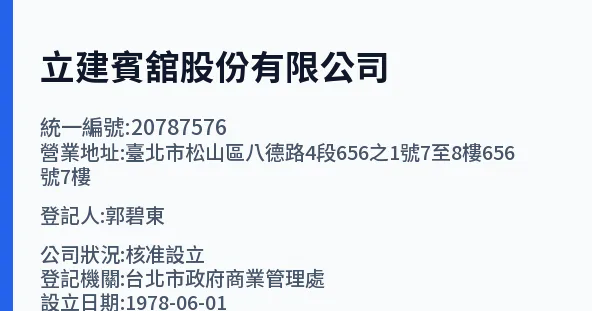 立建賓舘股份有限公司的照片-統編 20787576(臺北市) 公司登記資料與營業項目詳細圖表