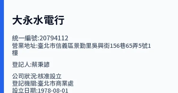 大永水電行的照片-統編 20794112(臺北市) 公司登記資料與營業項目詳細圖表