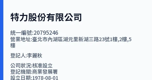 特力股份有限公司的照片-統編 20795246(臺北市) 公司登記資料與營業項目詳細圖表