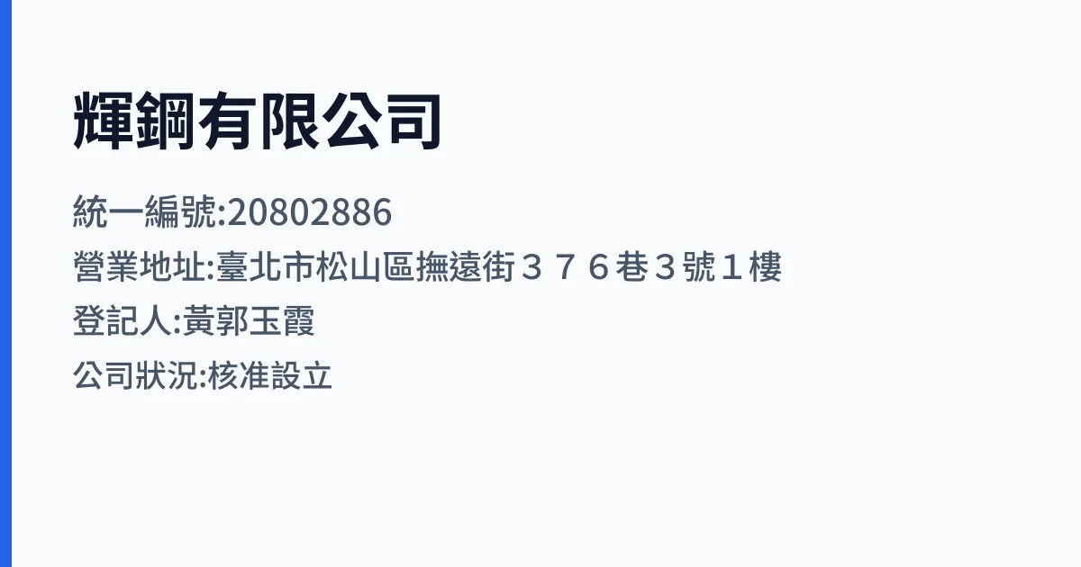 輝鋼有限公司 - 統編 20802886(臺北市) 公司登記資料與營業項目詳細圖表