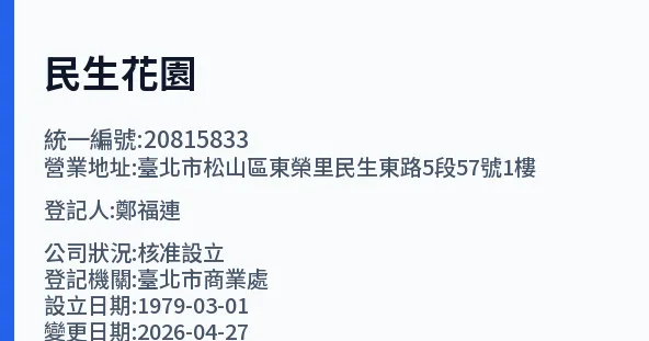 民生花園的照片-統編 20815833(臺北市) 公司登記資料與營業項目詳細圖表
