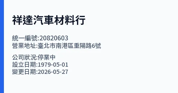 祥達汽車材料行的照片-統編 20820603(臺北市) 公司登記資料與營業項目詳細圖表