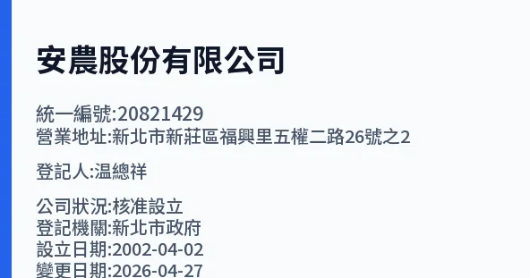 安農股份有限公司的照片-統編 20821429(新北市) 公司登記資料與營業項目詳細圖表