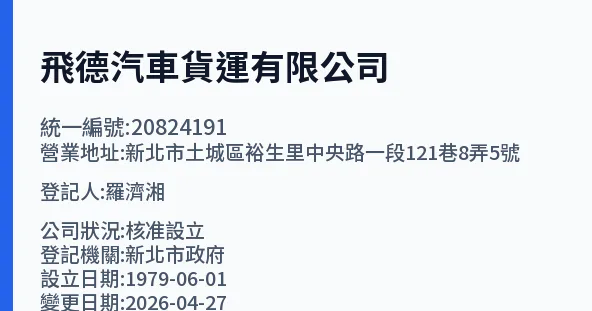 飛德汽車貨運有限公司的照片-統編 20824191(新北市) 公司登記資料與營業項目詳細圖表