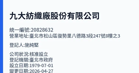 九大紡織廠股份有限公司的照片-統編 20828632(臺北市) 公司登記資料與營業項目詳細圖表