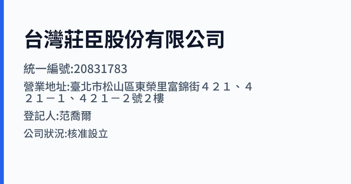 台灣莊臣股份有限公司 - 統編 20831783(臺北市) 公司登記資料與營業項目詳細圖表