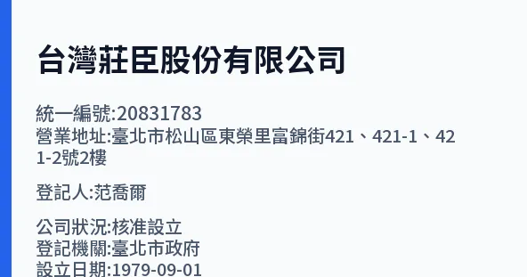 台灣莊臣股份有限公司的照片-統編 20831783(臺北市) 公司登記資料與營業項目詳細圖表