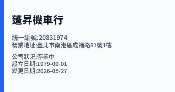 蓬昇機車行的照片-統編 20831974(臺北市) 公司登記資料與營業項目詳細圖表