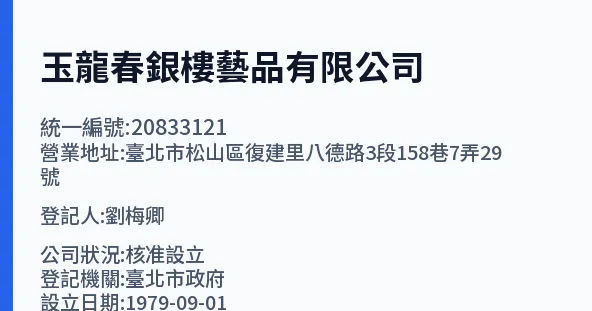 玉龍春銀樓藝品有限公司的照片-統編 20833121(臺北市) 公司登記資料與營業項目詳細圖表