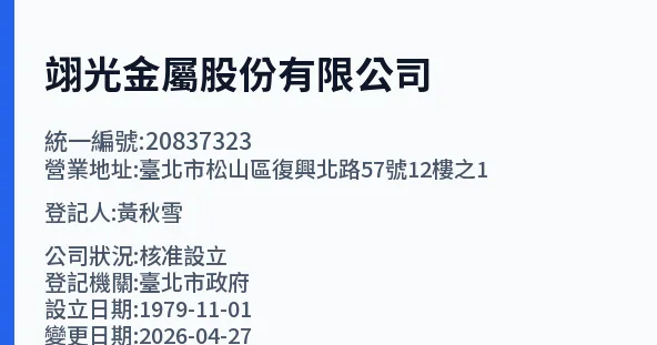 翊光金屬股份有限公司的照片-統編 20837323(臺北市) 公司登記資料與營業項目詳細圖表