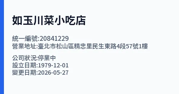 如玉川菜小吃店的照片-統編 20841229(臺北市) 公司登記資料與營業項目詳細圖表