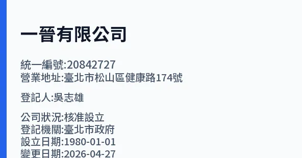 一晉有限公司的照片-統編 20842727(臺北市) 公司登記資料與營業項目詳細圖表
