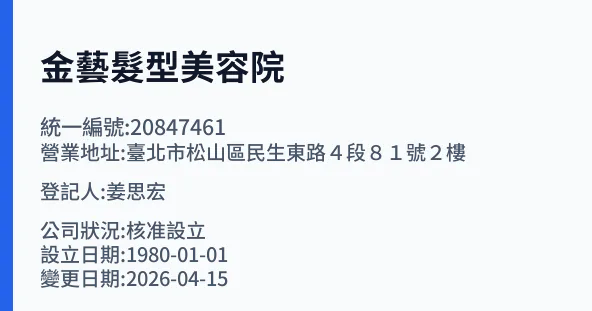 金藝髮型美容院的照片-統編 20847461(臺北市) 公司登記資料與營業項目詳細圖表