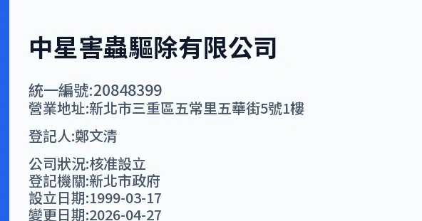 中星害蟲驅除有限公司的照片-統編 20848399(新北市) 公司登記資料與營業項目詳細圖表
